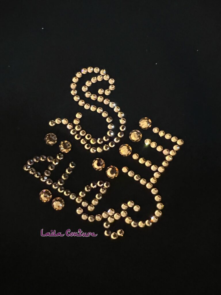 Sharqiaa scarf with a cursive Swarovski Arabic block font – Laila Couture